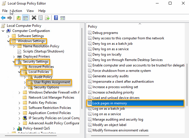 Ensure 'Lock pages in memory' is set to 'No One' (CIS LEVEL 1)