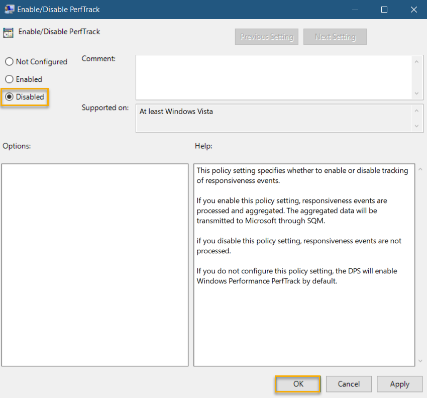 Ensure 'Enable/Disable PerfTrack' is set to 'Disabled' (CIS LEVEL 2)