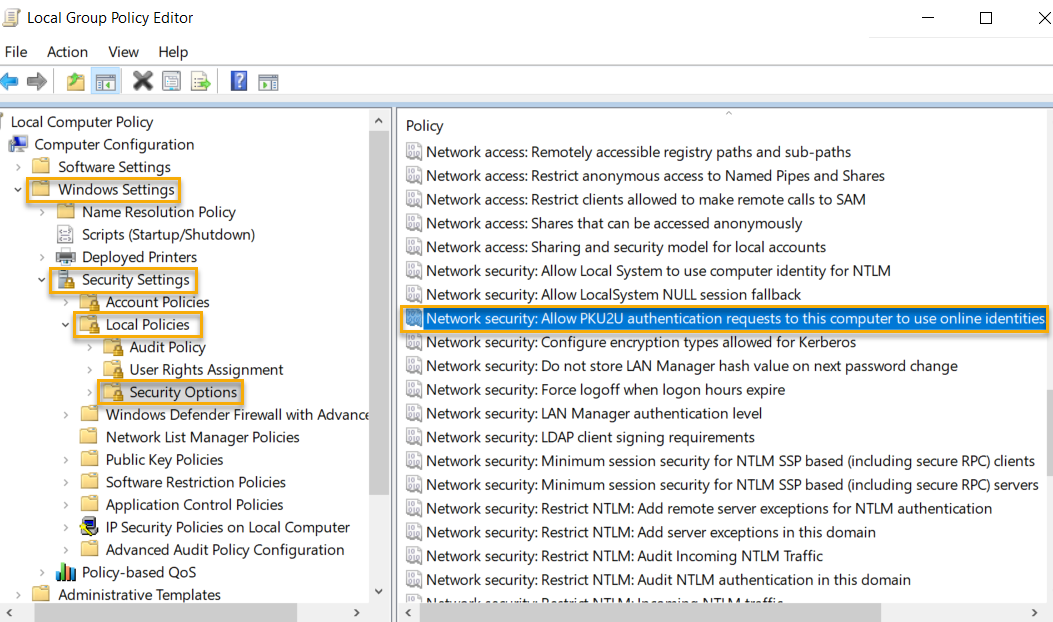 Ensure 'Network Security: Allow PKU2U authentication requests to this computer to use online ...