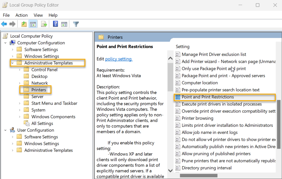 Ensure 'Point and Print Restrictions: When updating drivers for an existing connection' is set ...
