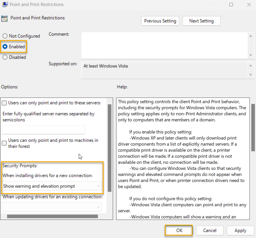 Ensure 'Point and Print Restrictions: When installing drivers for a new connection' is set to ...