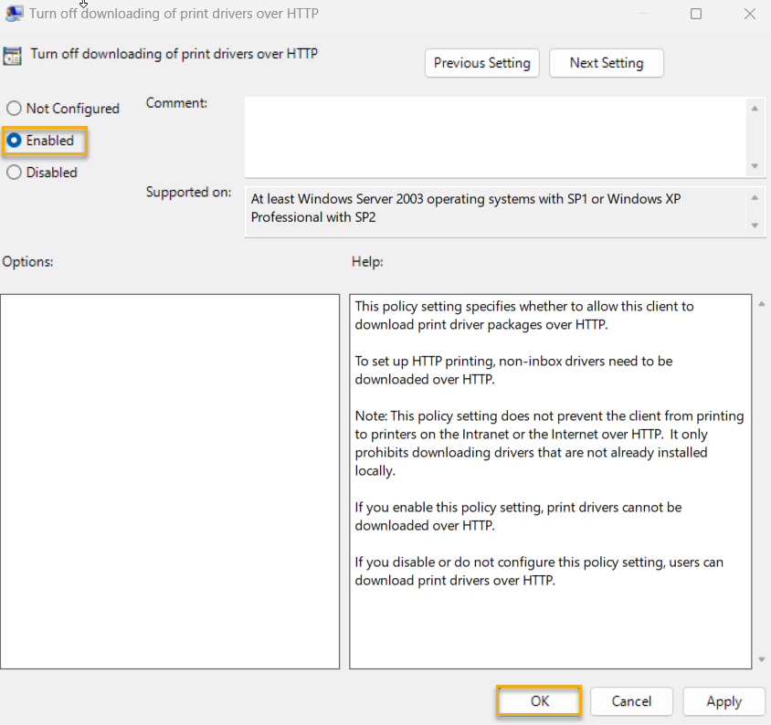 Ensure 'Turn off downloading of print drivers over HTTP' is set to ...