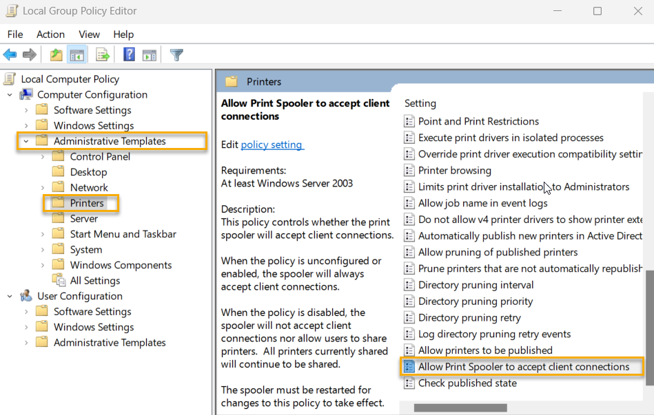 Ensure 'Allow Print Spooler to accept client connections' is set to 'Disabled' (CIS LEVEL 1)