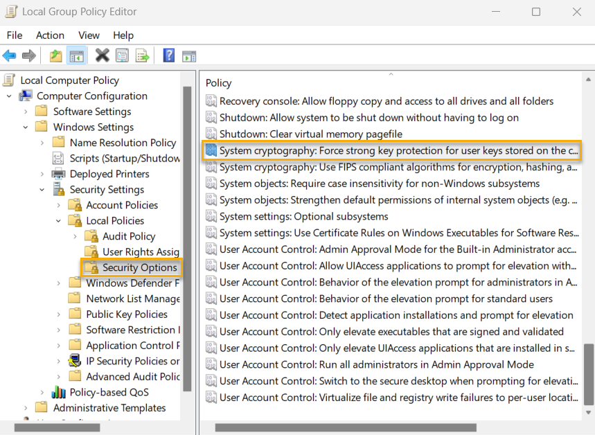 Ensure 'System cryptography: Force strong key protection for user keys stored on the computer ...