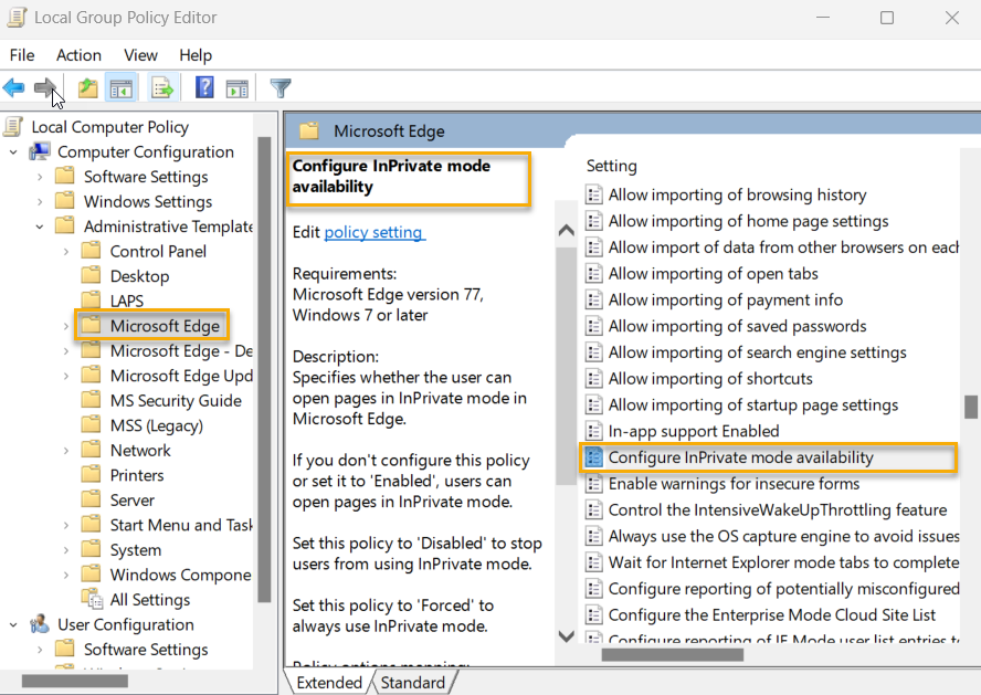 Ensure 'Configure InPrivate mode availability' is set to 'Enabled: InPrivate mode disabled' (CIS ...