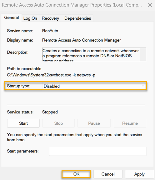 Ensure 'Remote Access Auto Connection Manager (RasAuto)' is set to ...