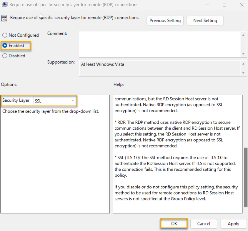 Ensure 'Require use of specific security layer for remote (RDP) connections' is set to 'Enabled ...