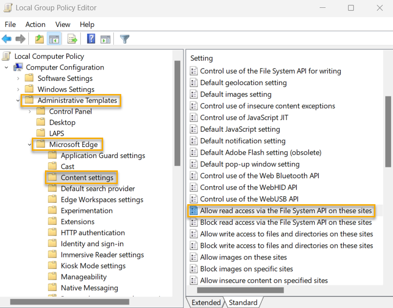 Ensure 'Allow read access via the File System API on these sites' is ...