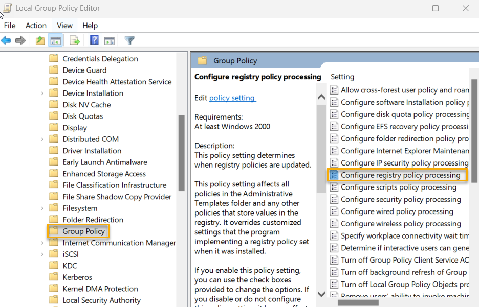 Ensure 'Configure registry policy processing: Process even if the Group Policy objects have not ...