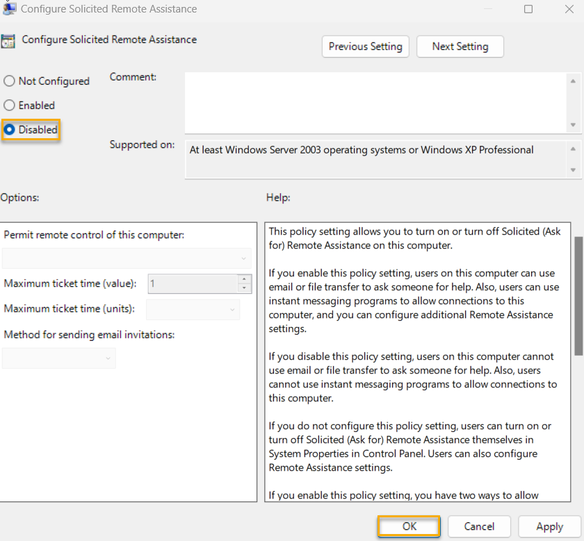 Ensure 'Configure Solicited Remote Assistance' is set to 'Disabled' (CIS LEVEL 1)