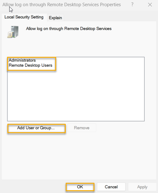 Ensure 'Allow log on through Remote Desktop Services' is set to 'Administrators, Remote Desktop ...
