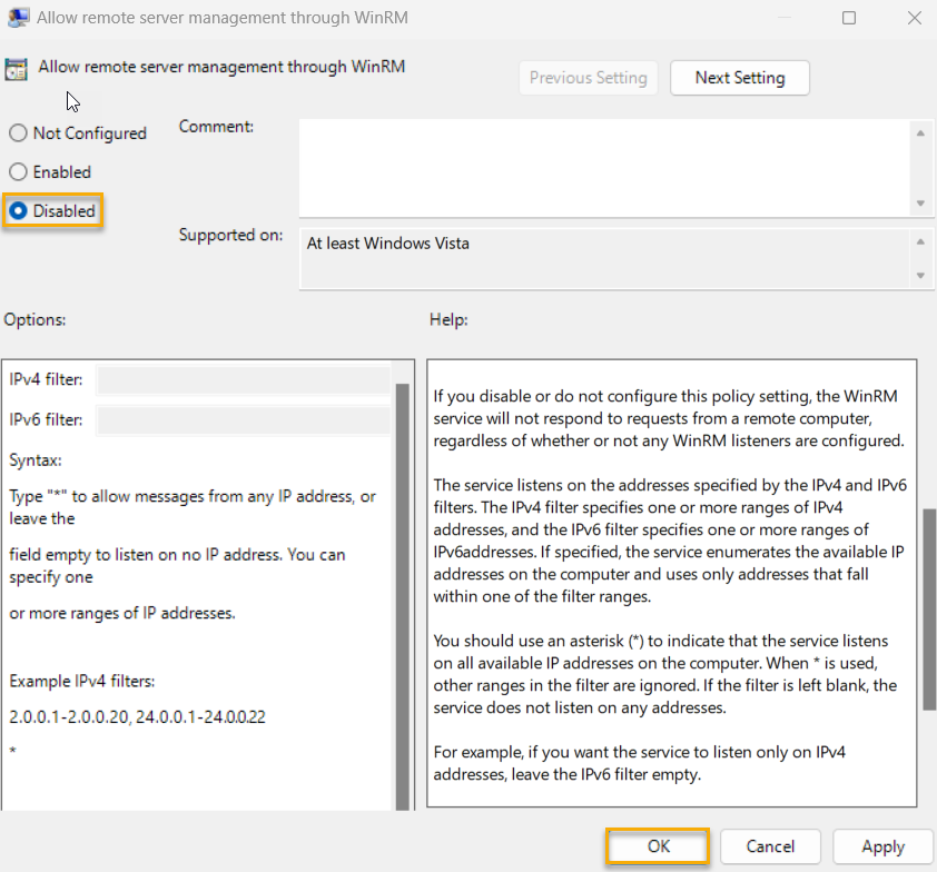 Ensure 'Allow remote server management through WinRM' is set to ...