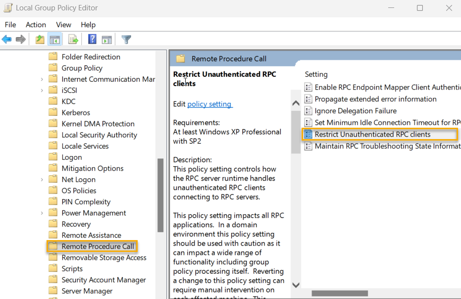 Ensure 'Restrict Unauthenticated RPC clients' is set to 'Enabled ...