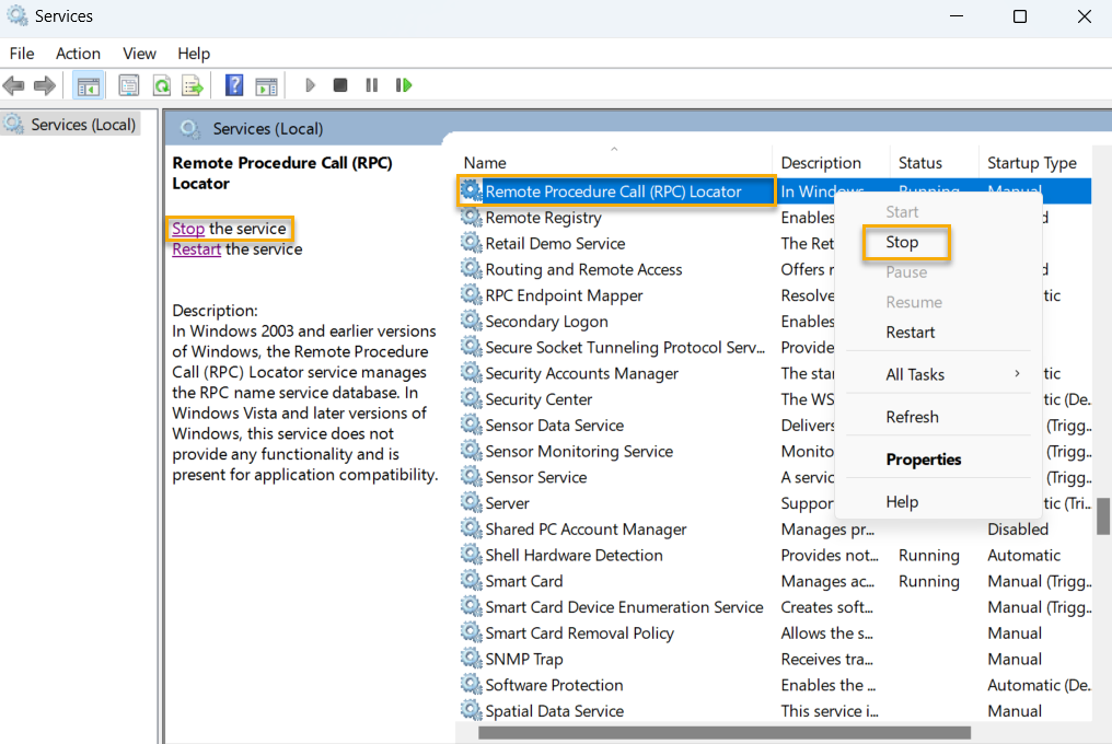 Ensure 'Remote Procedure Call (RPC) Locator (RpcLocator)' is set to ...