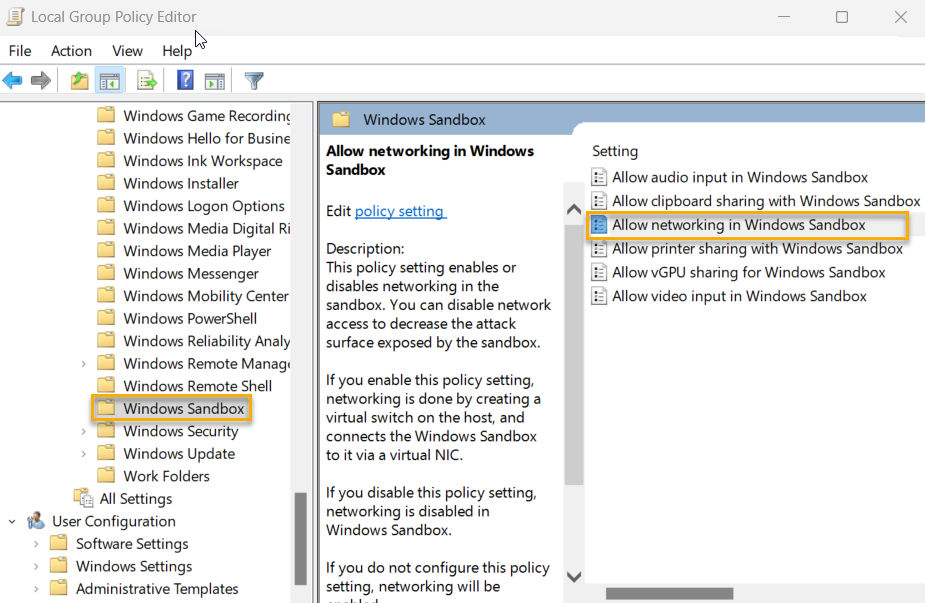 Ensure 'Allow networking in Windows Sandbox' is set to 'Disabled' (CIS LEVEL 1)