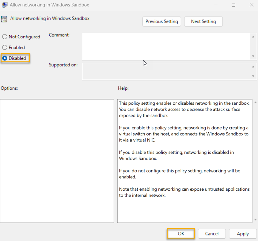 Ensure 'Allow networking in Windows Sandbox' is set to 'Disabled' (CIS LEVEL 1)
