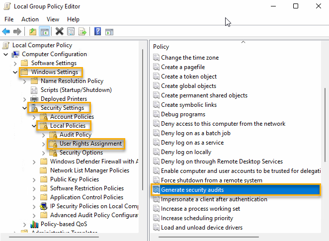 Ensure 'Generate security audits' is set to 'LOCAL SERVICE, NETWORK SERVICE' (CIS LEVEL 1)