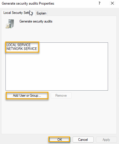 Ensure 'Generate security audits' is set to 'LOCAL SERVICE, NETWORK SERVICE' (CIS LEVEL 1)