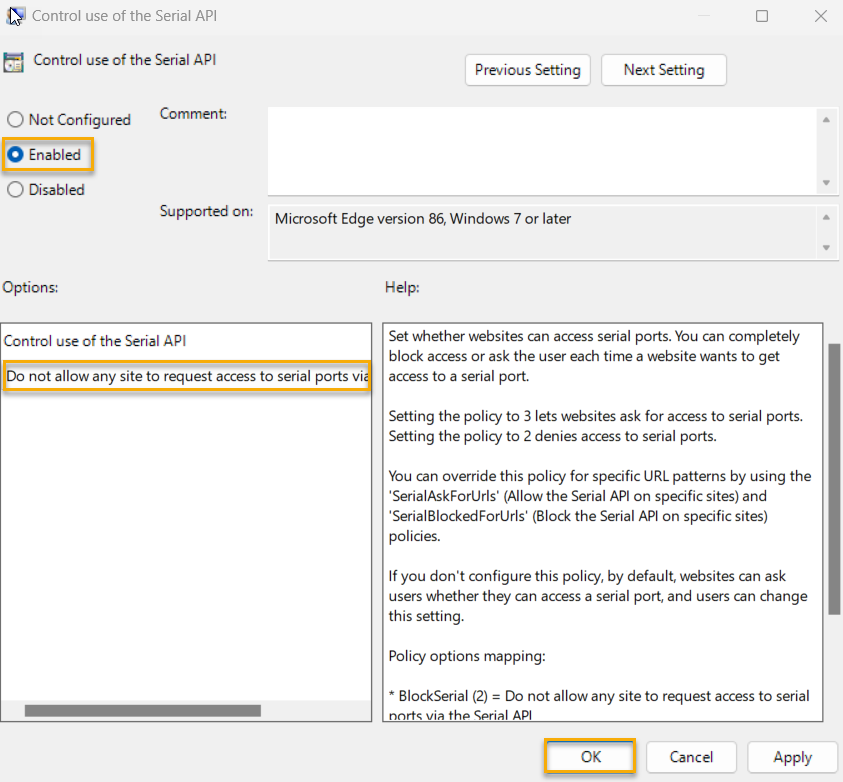 Ensure 'Control use of the Serial API' is set to 'Enable: Do not allow ...