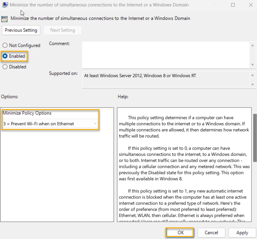 Ensure 'Minimize the number of simultaneous connections to the Internet ...
