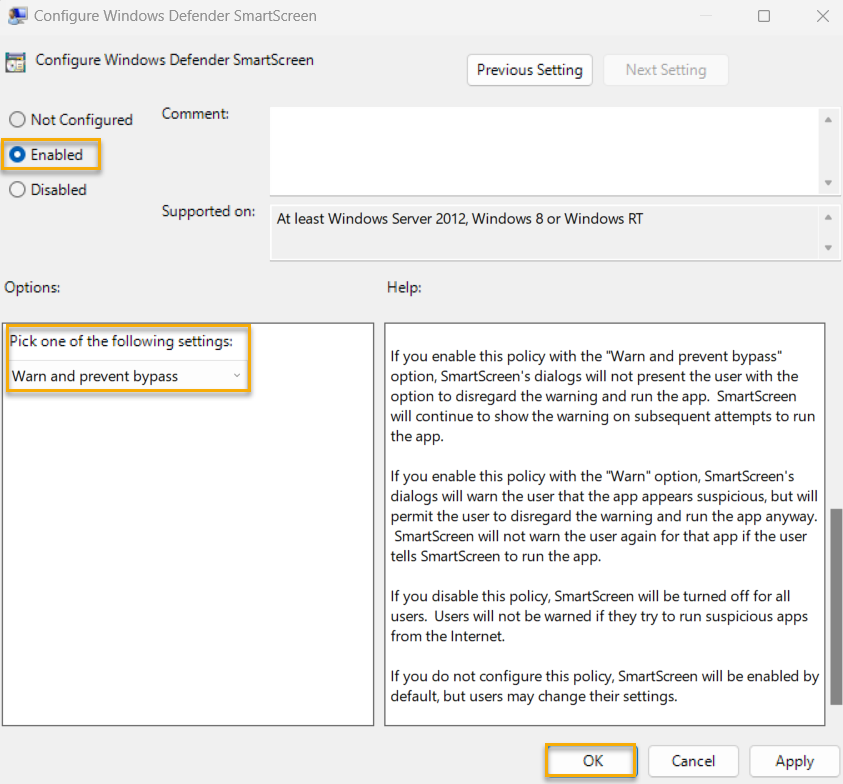 Ensure 'Configure Windows Defender SmartScreen' is set to 'Enabled: Warn and prevent bypass ...