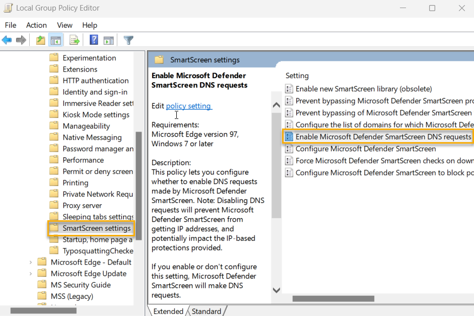 Ensure 'Enable Microsoft Defender SmartScreen DNS requests' is set to 'Disabled' (CIS LEVEL 1)