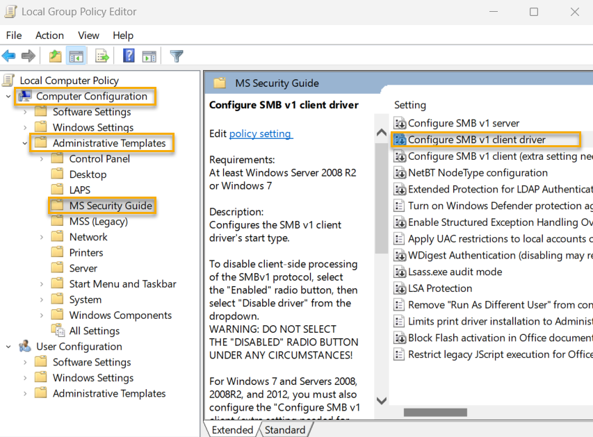 Ensure 'Configure SMB v1 client driver' is set to 'Enabled: Disable driver (recommended)' (CIS ...