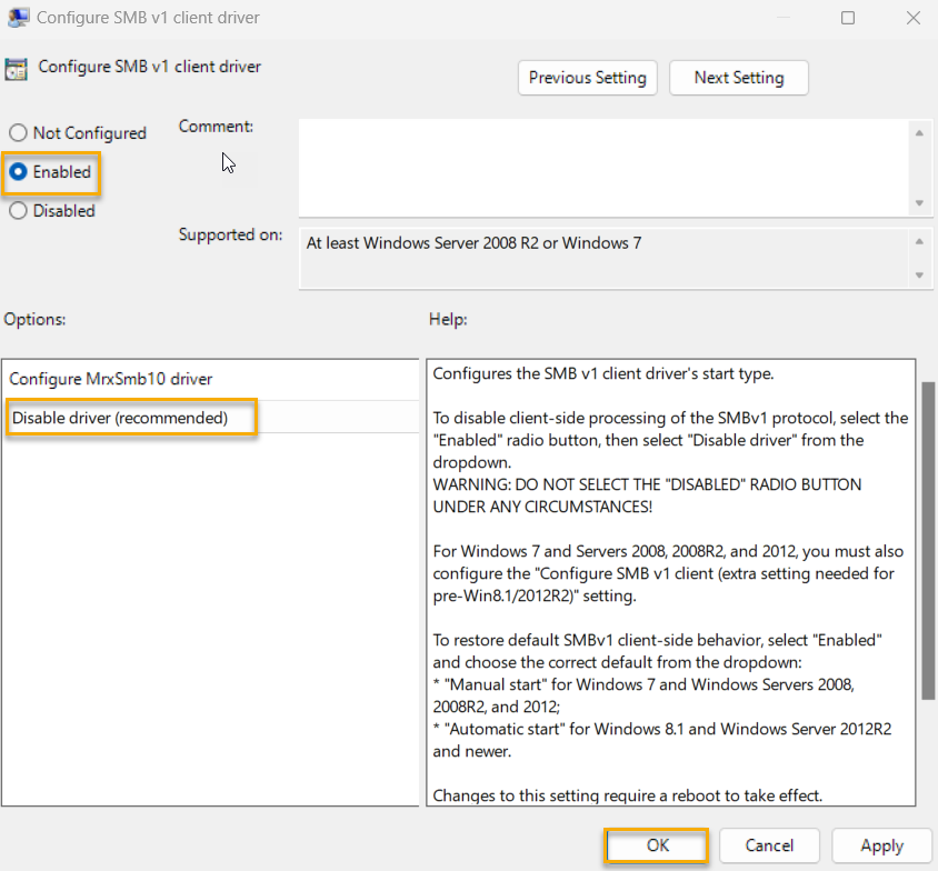 Ensure 'Configure SMB v1 client driver' is set to 'Enabled: Disable driver (recommended)' (CIS ...