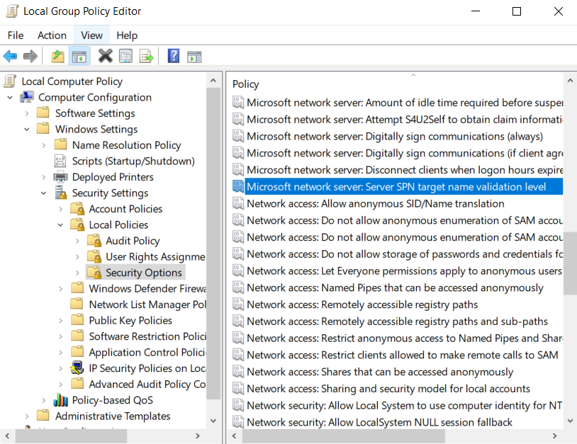 Ensure 'Microsoft network server: Server SPN target name validation level' is set to 'Accept if ...