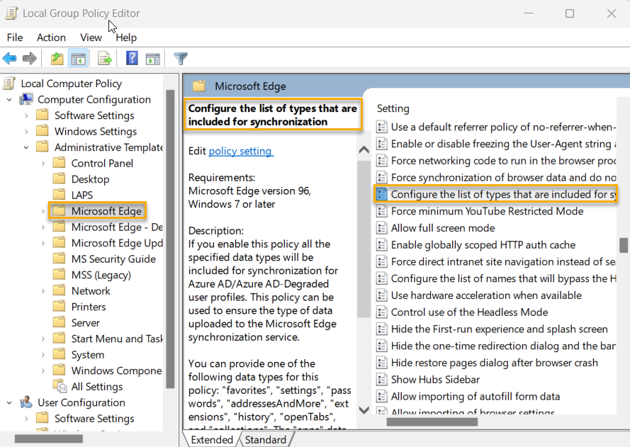 Ensure 'Configure the list of types that are excluded from synchronization' is set to 'Enabled ...