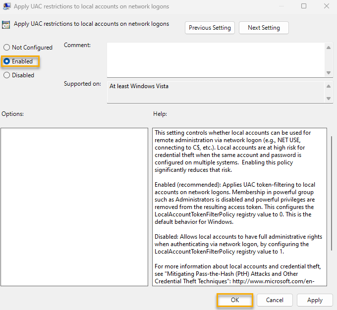 Ensure 'Apply UAC restrictions to local accounts on network logons' is set to 'Enabled' (MS only ...