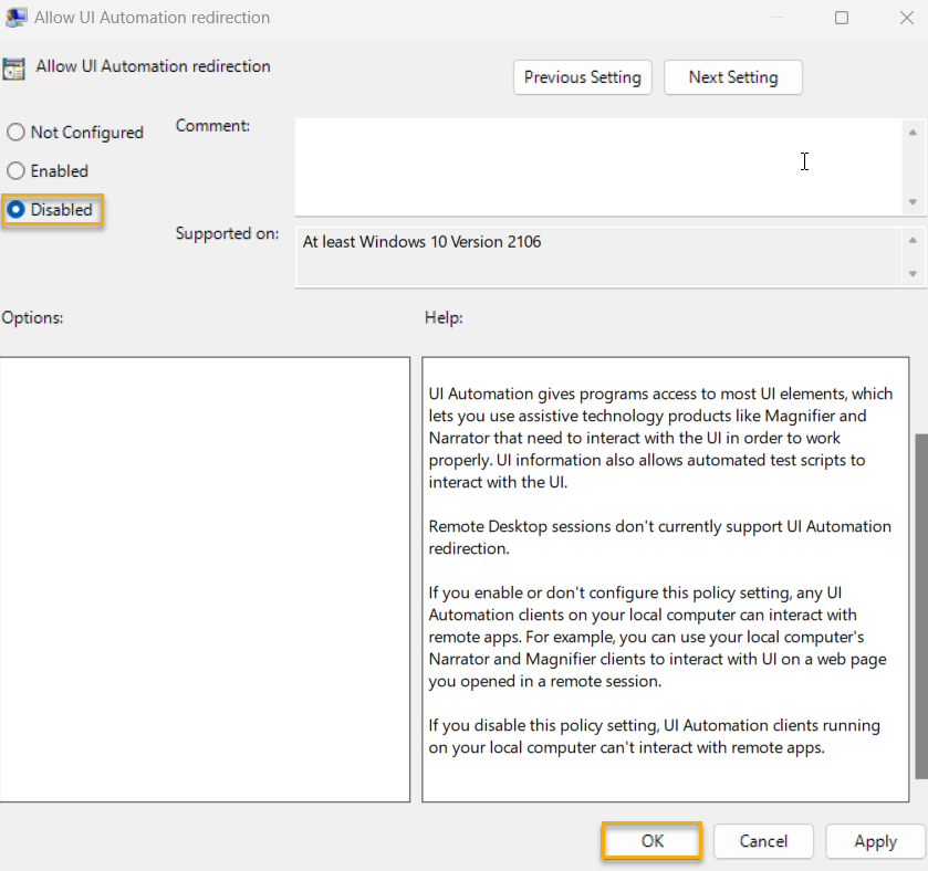 Ensure 'Allow UI Automation redirection' is set to 'Disabled' (CIS LEVEL 2)