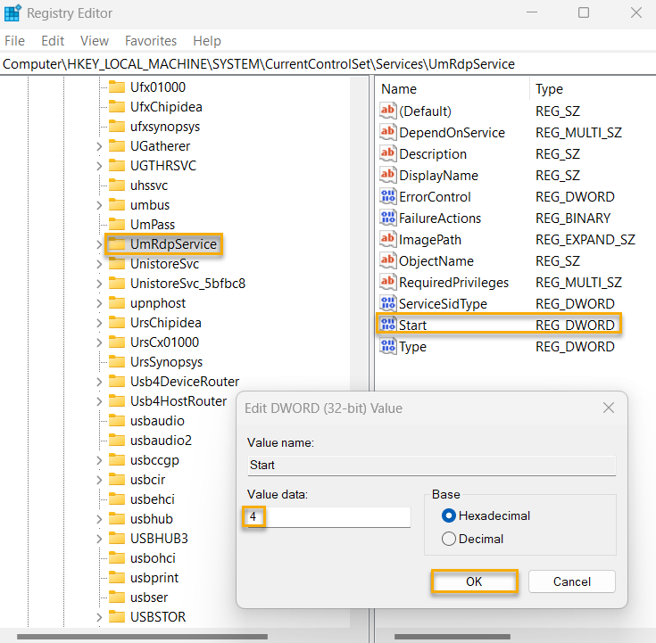 Ensure 'Remote Desktop Services UserMode Port Redirector (UmRdpService)' is set to 'Disabled ...