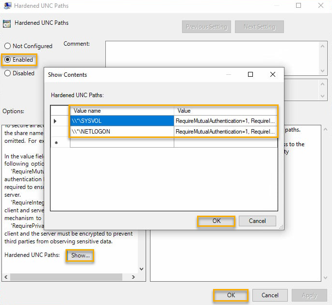 Ensure 'Hardened UNC Paths' is set to 'Enabled, with "Require Mutual Authentication", "Require ...