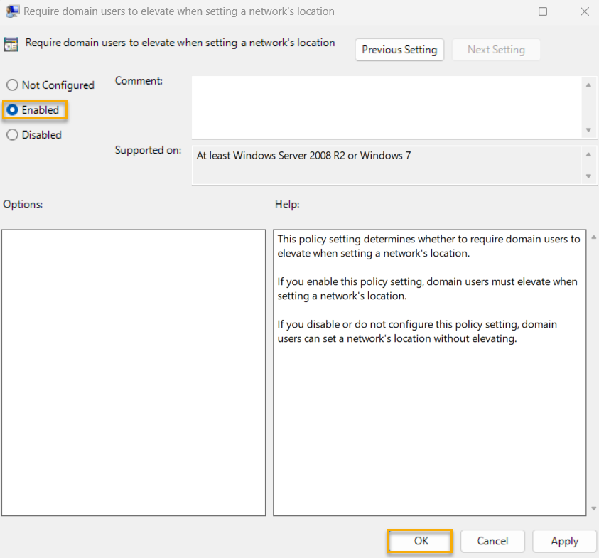 Ensure 'Require domain users to elevate when setting a network's ...