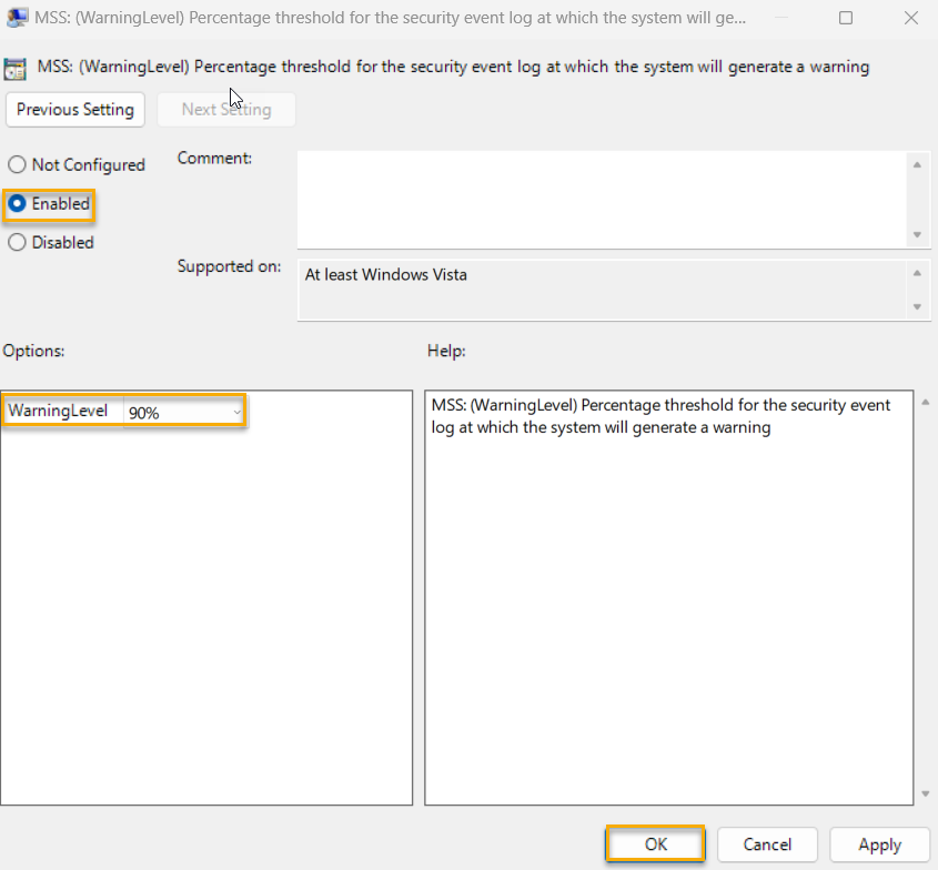Ensure 'MSS: (WarningLevel) Percentage threshold for the security event log at which the system ...