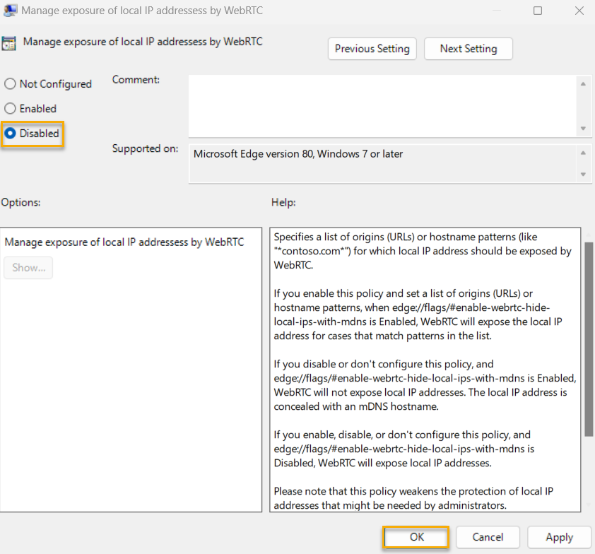 Ensure 'Manage exposure of local IP addresses by WebRTC' is set to 'Disabled' (CIS LEVEL 1)