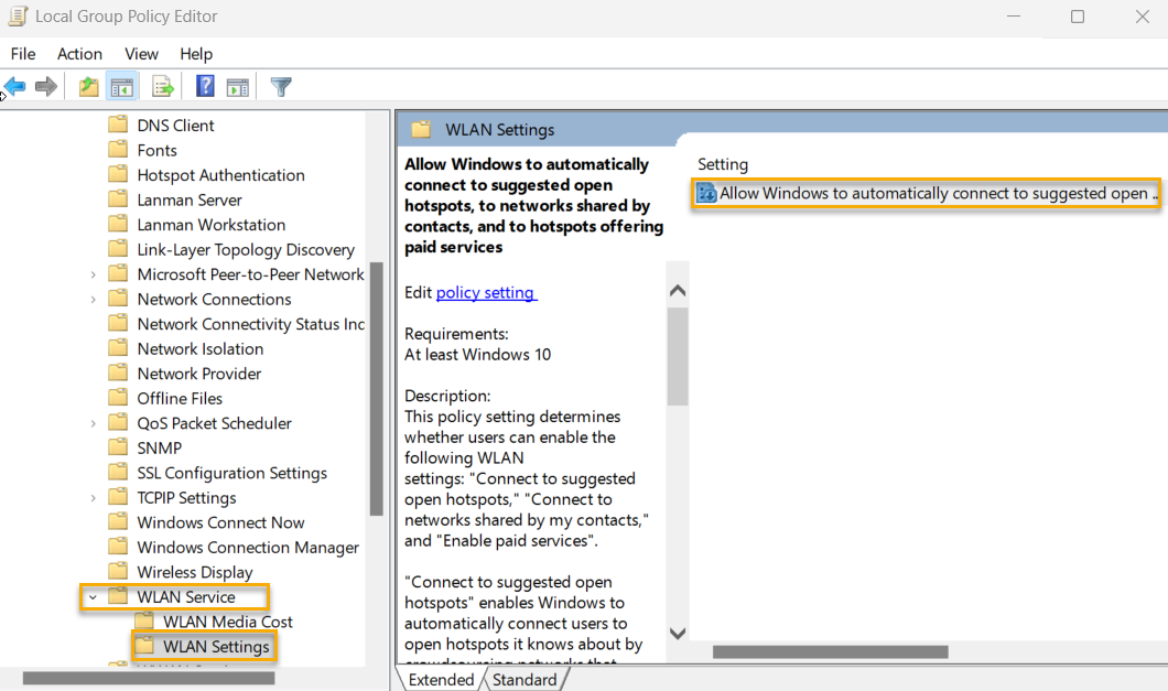 Ensure 'Allow Windows to automatically connect to suggested open hotspots, to networks shared by ...