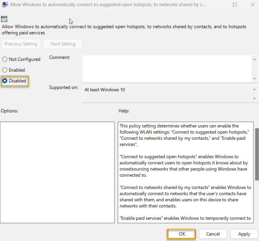 Ensure 'Allow Windows to automatically connect to suggested open hotspots, to networks shared by ...