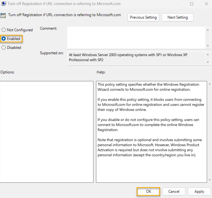 Ensure 'Turn off Registration if URL connection is referring to Microsoft.com' is set to ...