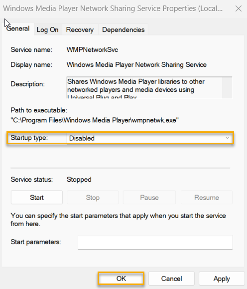 Ensure 'Windows Media Player Network Sharing Service (WMPNetworkSvc ...