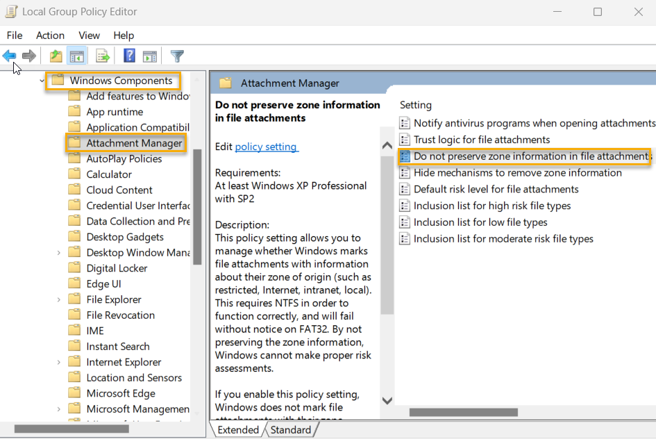 Ensure 'Do not preserve zone information in file attachments' is set to ...