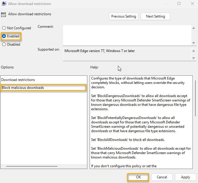 Ensure 'Allow download restrictions' is set to 'Enabled: Block ...