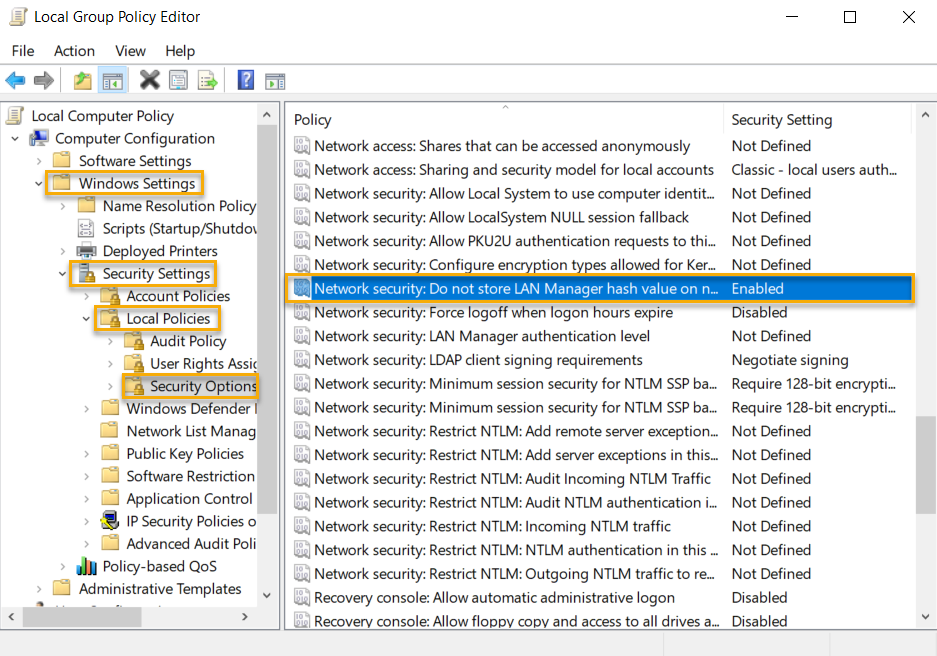 LAN Manager Hash System Storage Enabled