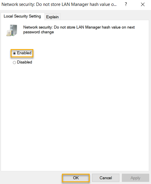 LAN Manager Hash System Storage Enabled