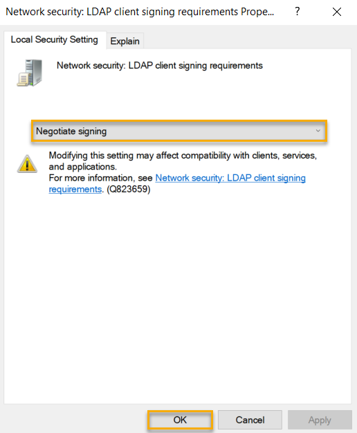Ensure 'Network security: LDAP client signing requirements' is set to 'Negotiate signing' or ...