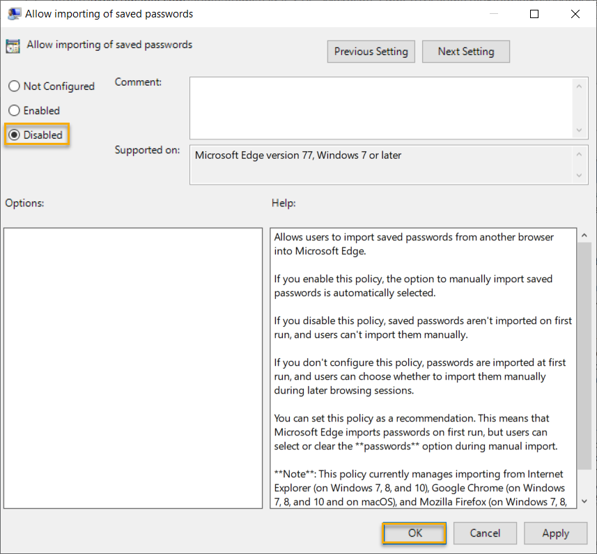 Ensure 'Allow importing of saved passwords' is set to 'Disabled' (CIS LEVEL 1)
