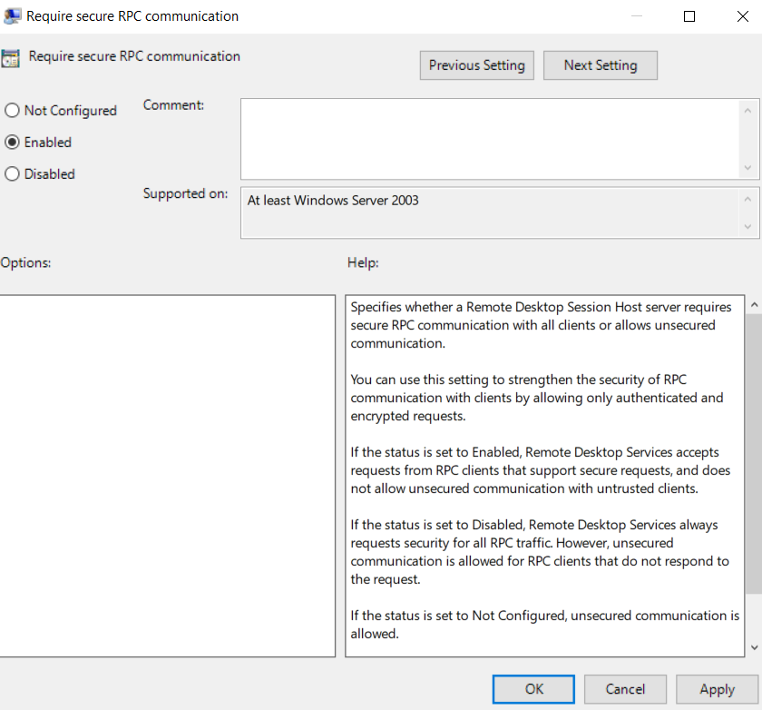 RPC Traffic Encryption Disabled
