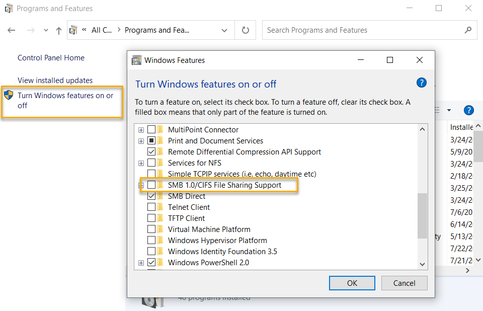 SMB v1 protocol enabled