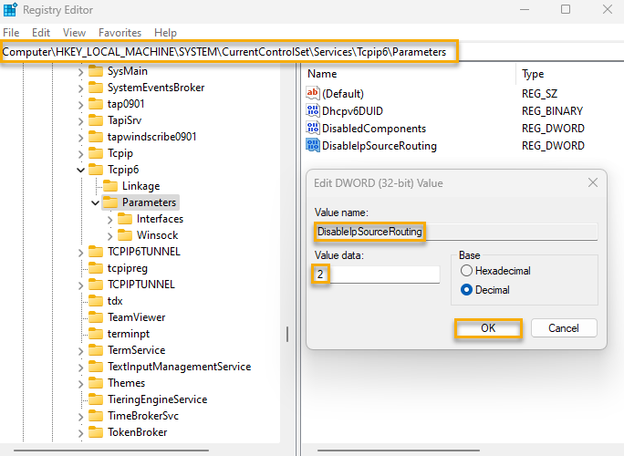 Ensure 'MSS: (DisableIPSourceRouting IPv6) IP source routing protection level' is set to ...